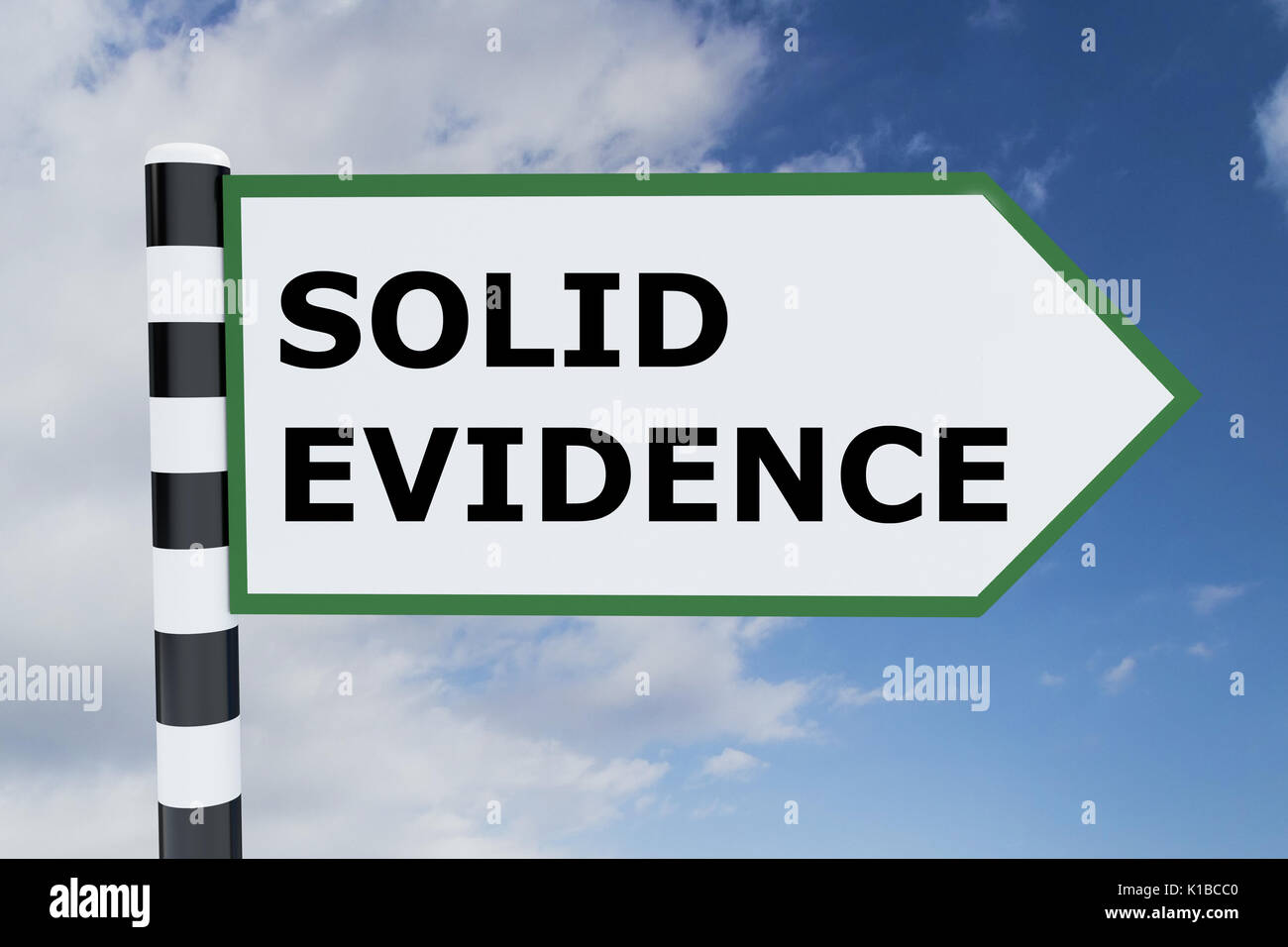 3D illustration of SOLID EVIDENCE script on road sign. Reality concept ...