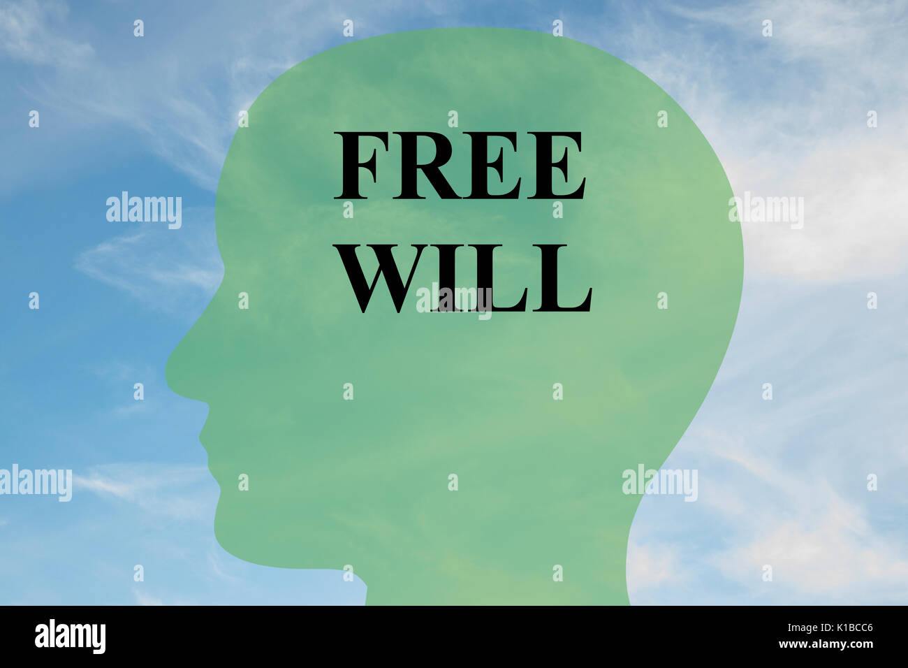 Render illustration of FREE WILL script on head silhouette, with cloudy ...