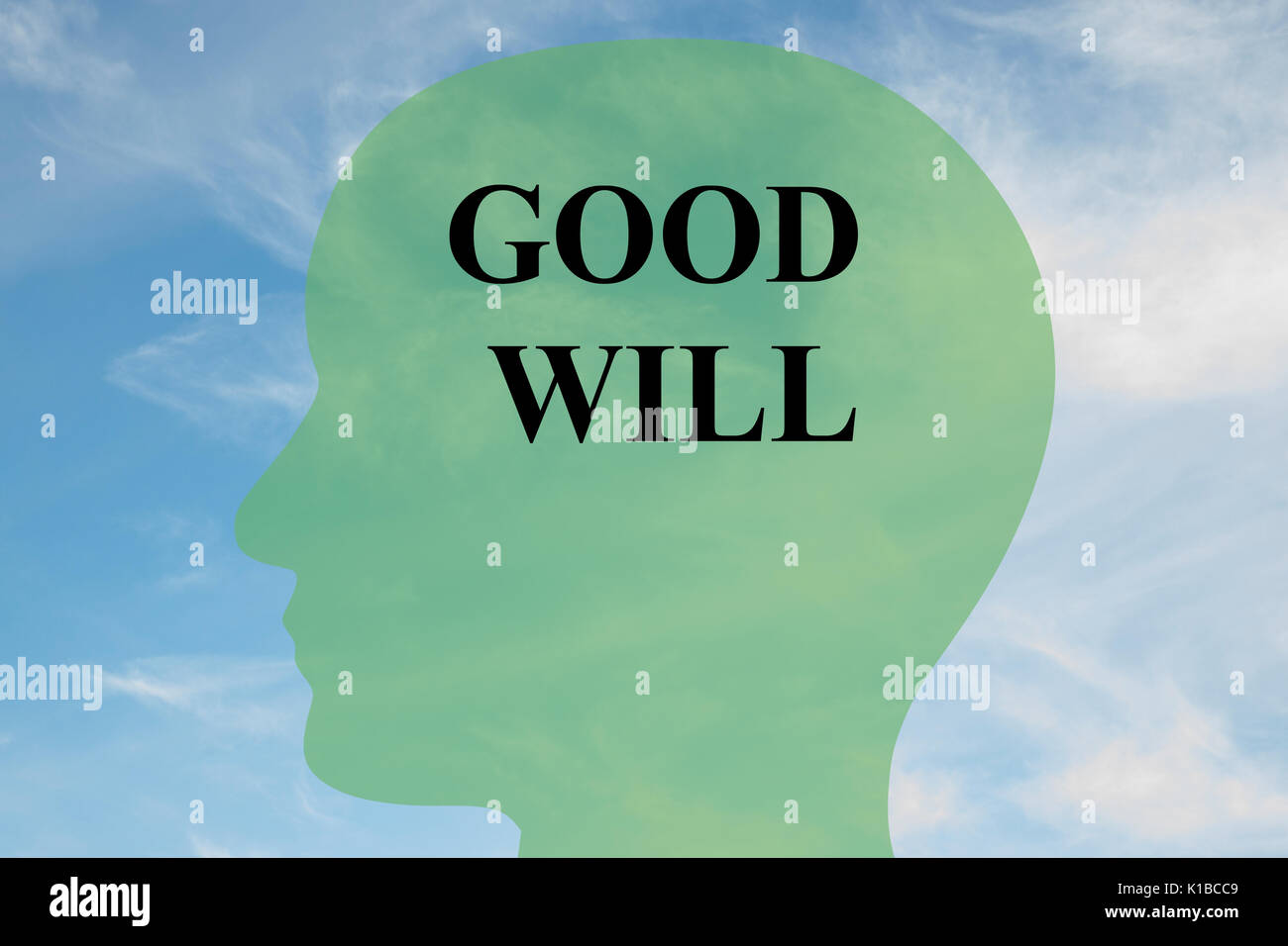 Render illustration of GOOD WILL script on head silhouette, with cloudy ...