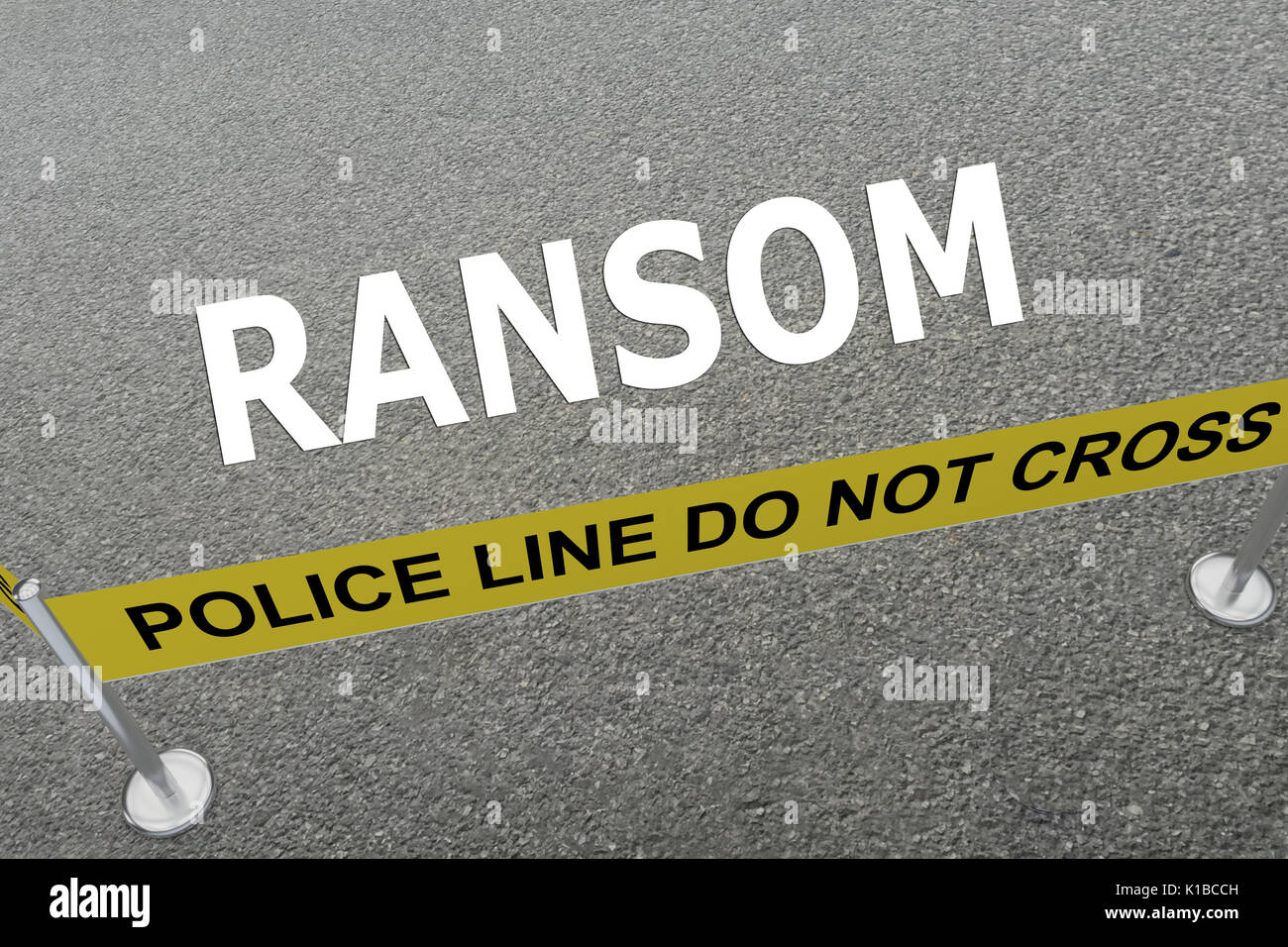 3D illustration of RANSOM title on the ground in a police arena. Police ...
