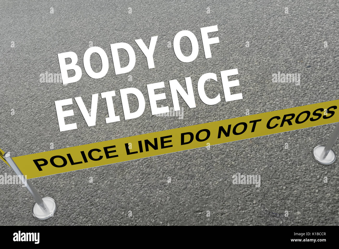 3D illustration of BODY OF EVIDENCE title on the ground in a police ...