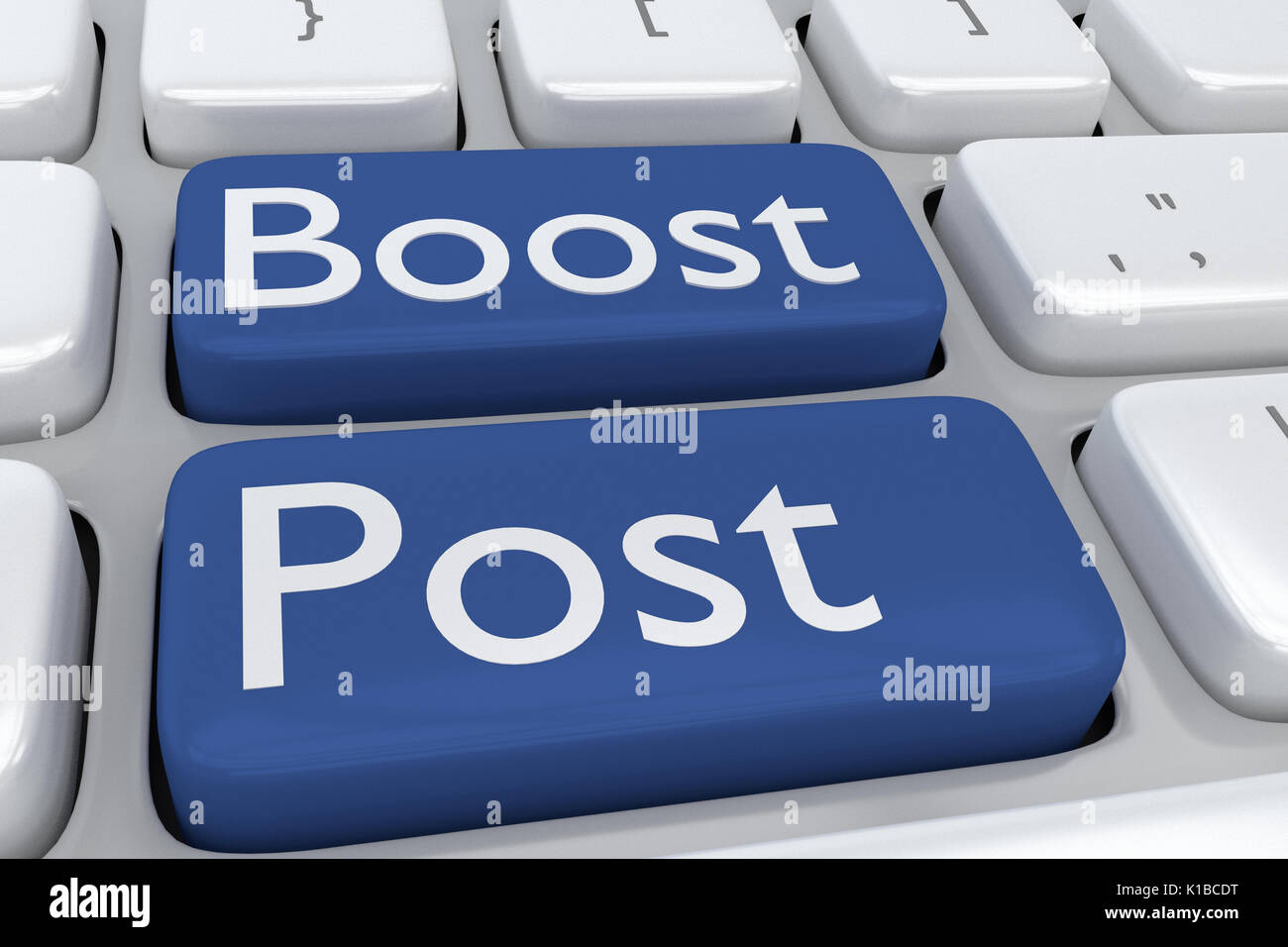 3D illustration of computer keyboard with the script "Boost Post" on two adjacent blue buttons ...