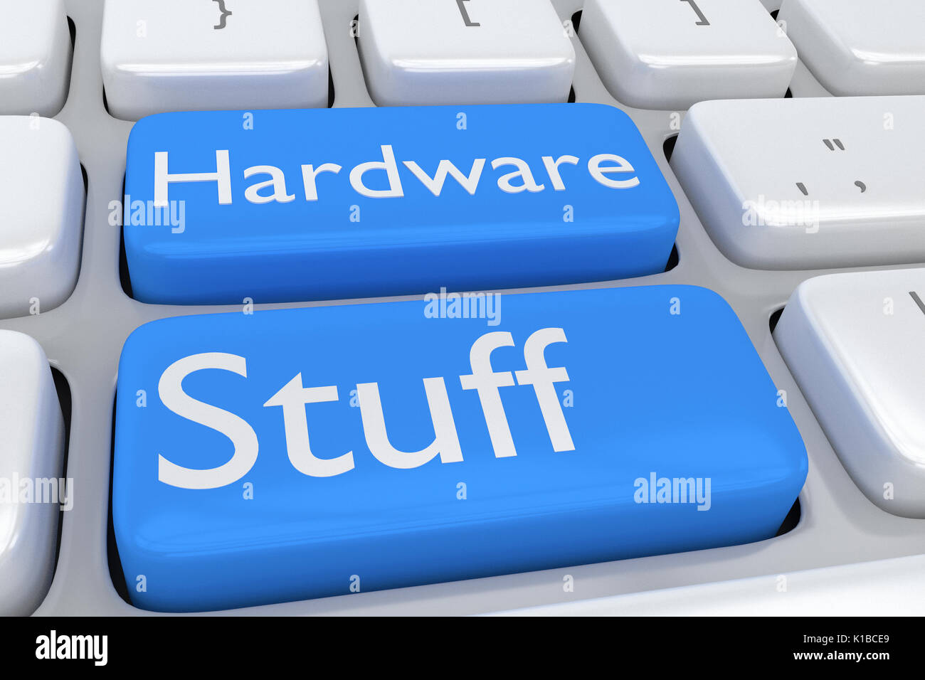 3D illustration of computer keyboard with the script "Hardware Stuff" on two adjacent pale blue ...