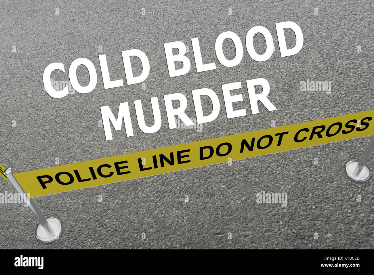 3D illustration of COLD BLOOD MURDER title on the ground in a police ...