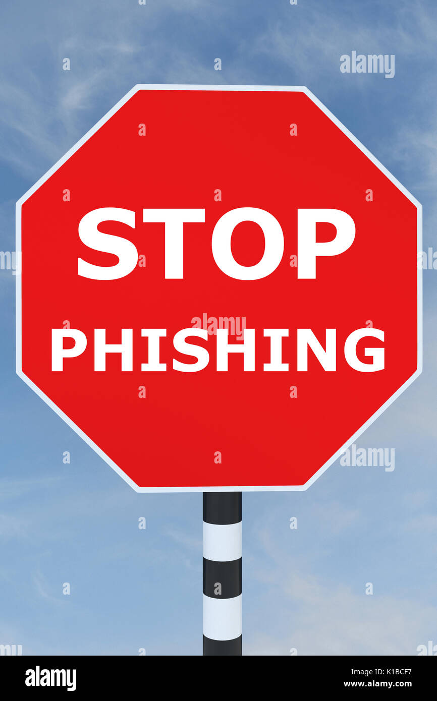 3D illustration of STOP PHISHING title on road STOP sign. Warning ...