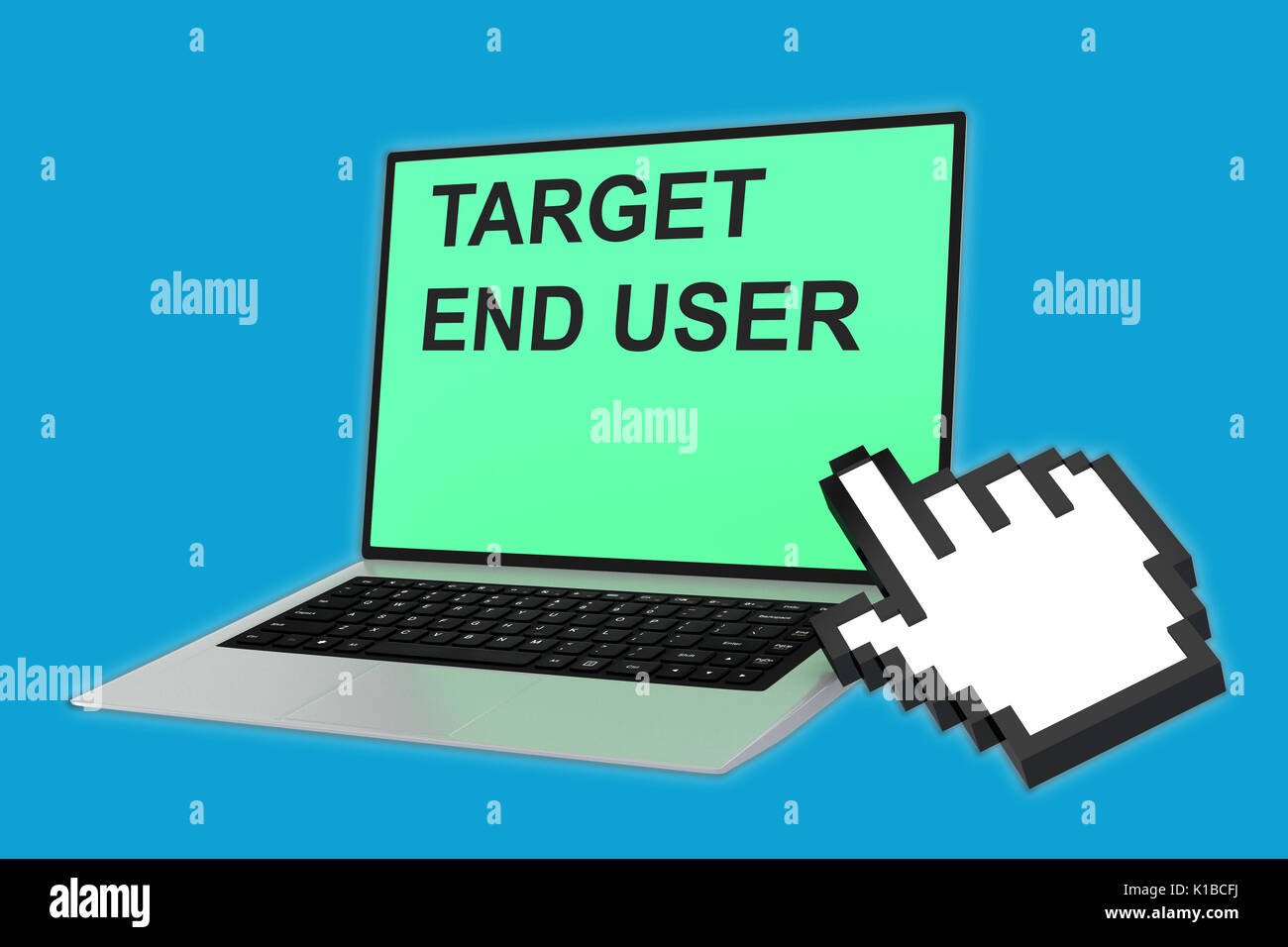 3D illustration of TARGET END USER script with pointing hand icon ...