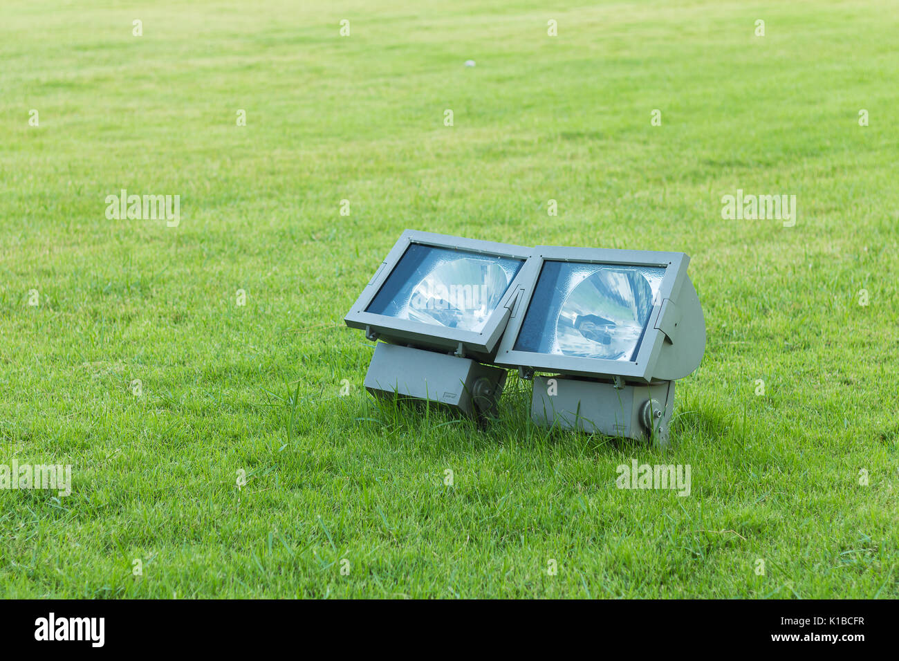 two spotlight in the green garden (football field Stock Photo - Alamy