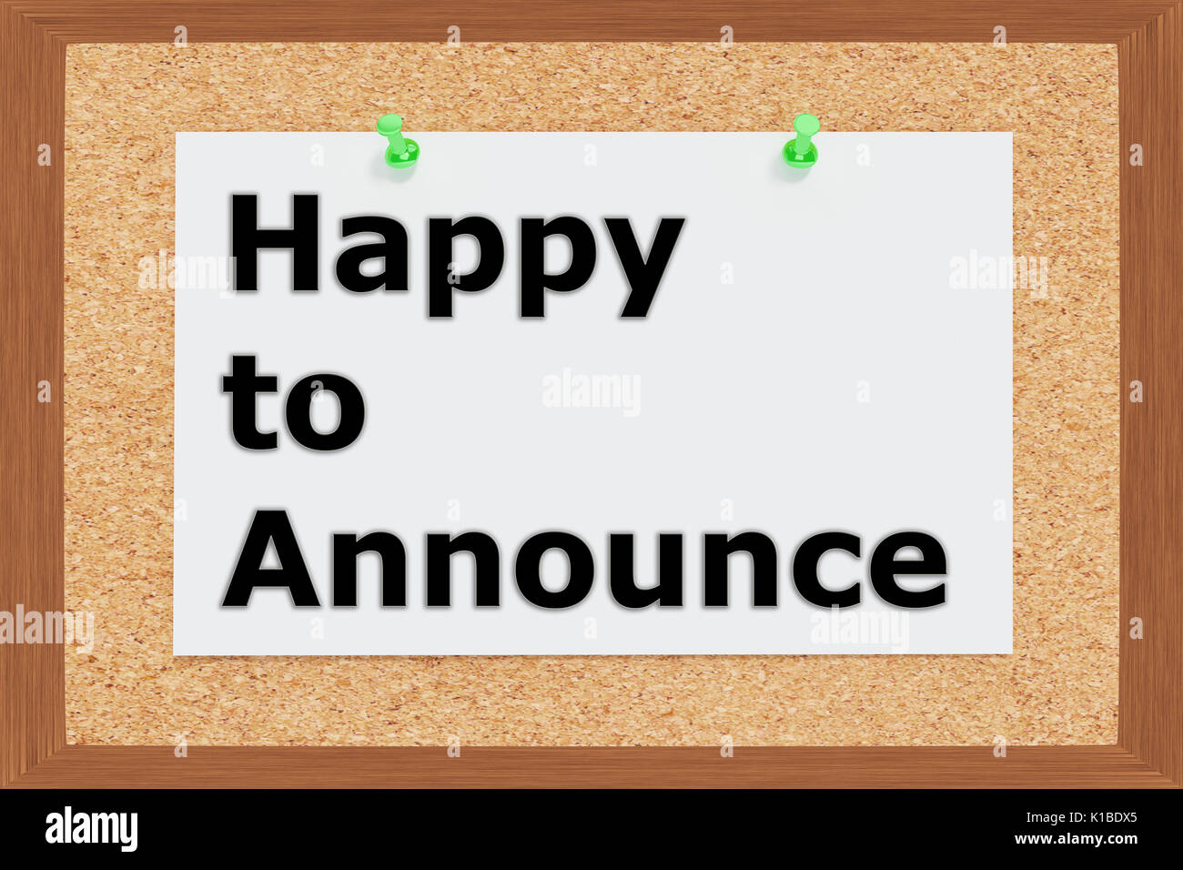 Render illustration of Happy to Announce title on cork board Stock ...