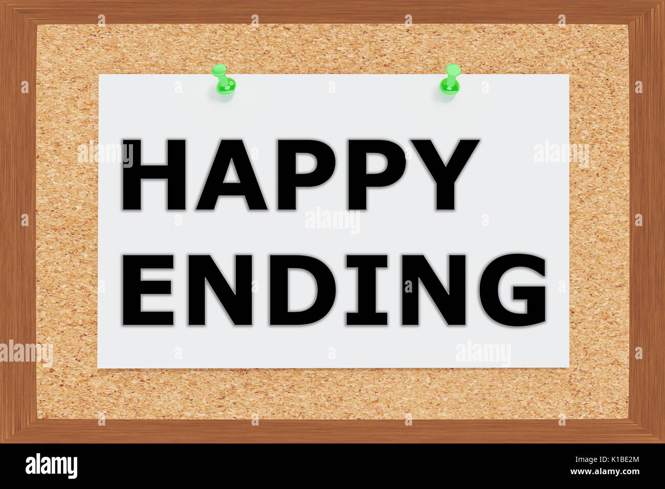Render illustration of Happy Ending title on cork board Stock Photo - Alamy