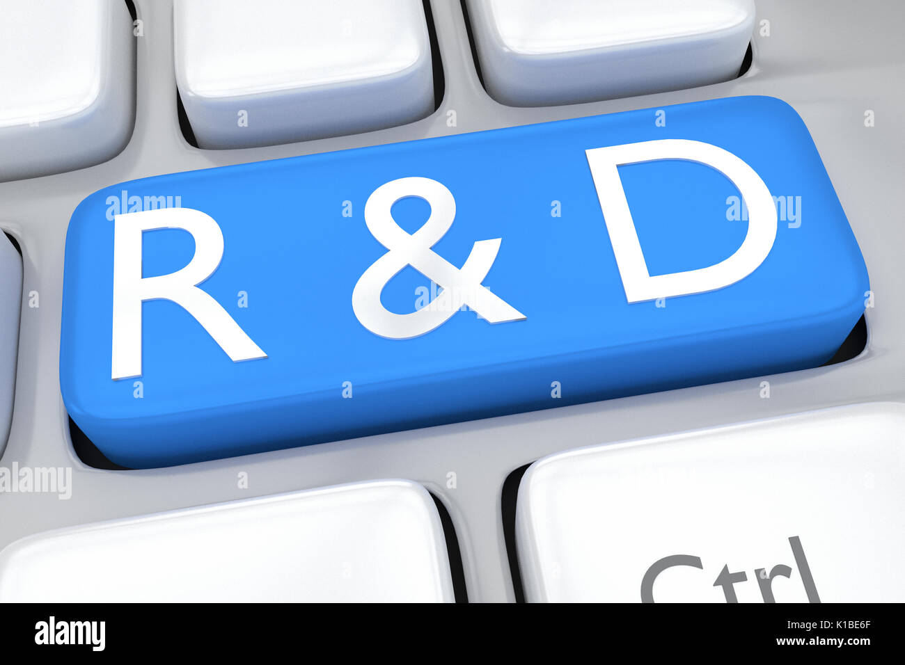 Render illustration of computer keyboard with the print R&D on pale ...