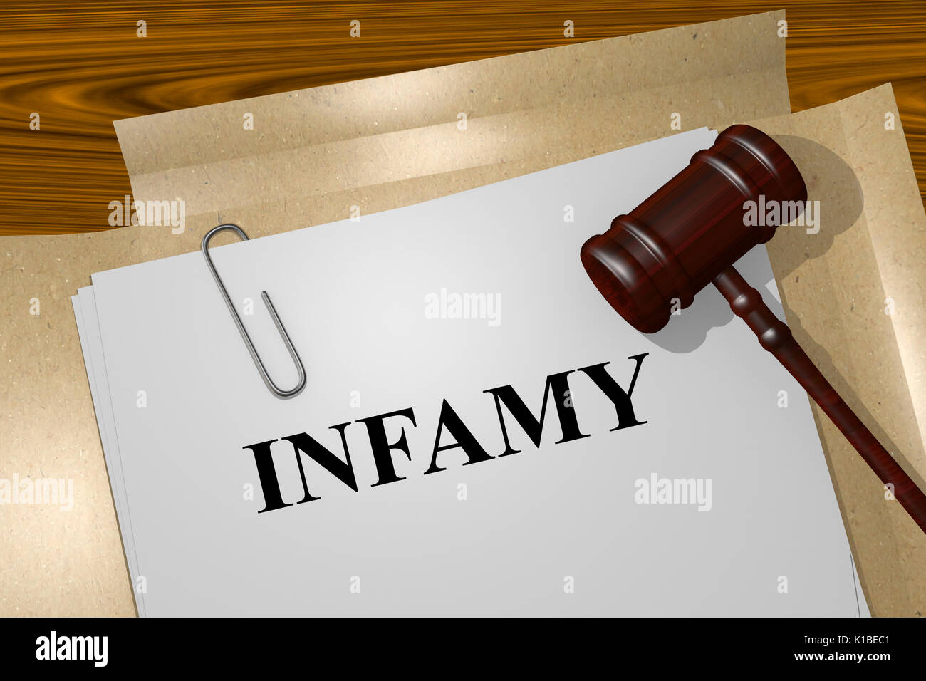 Render illustration of Infamy Title On Legal Documents Stock Photo - Alamy