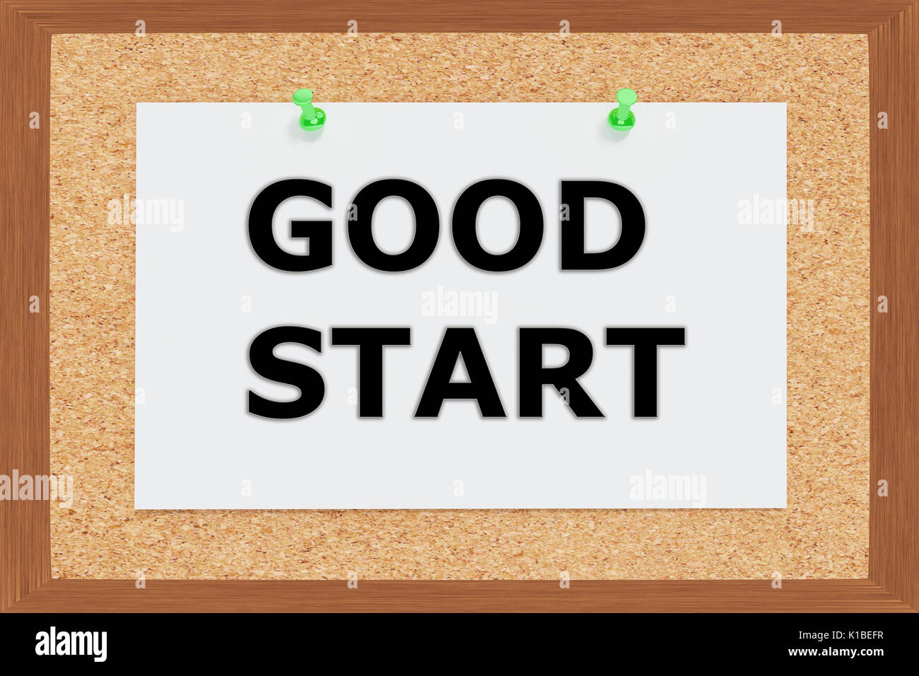 Render illustration of Good Start Title on cork board Stock Photo - Alamy