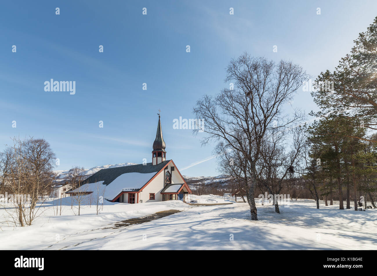 church, kirke, white, wooden, Alta, Finnmark, Norway, Norge Stock Photo ...