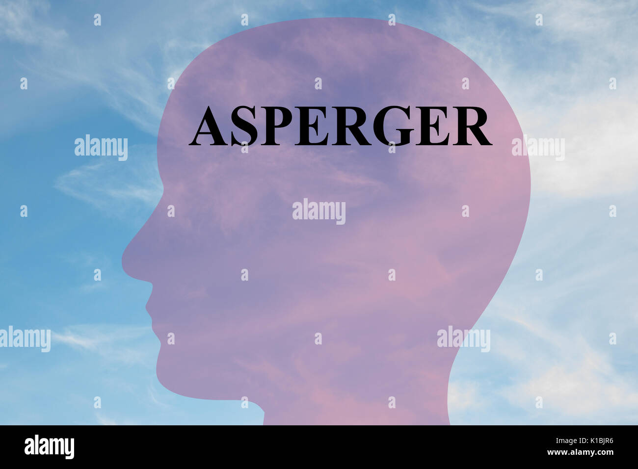 Render illustration of "ASPERGER" title on head silhouette, with cloudy ...