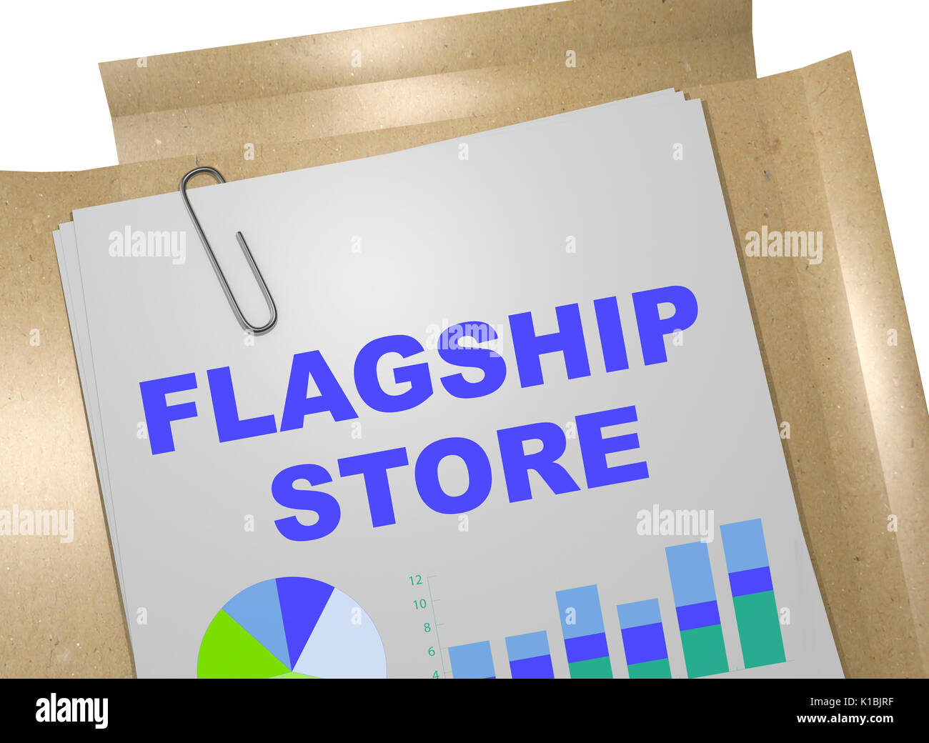 3D illustration of "FLAGSHIP STORE" title on business document Stock ...