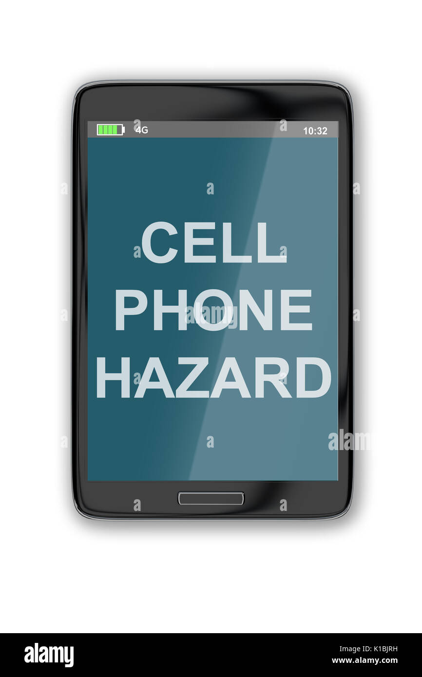 3D illustration of "CELL PHONE HAZARD" title on cellular screen ...