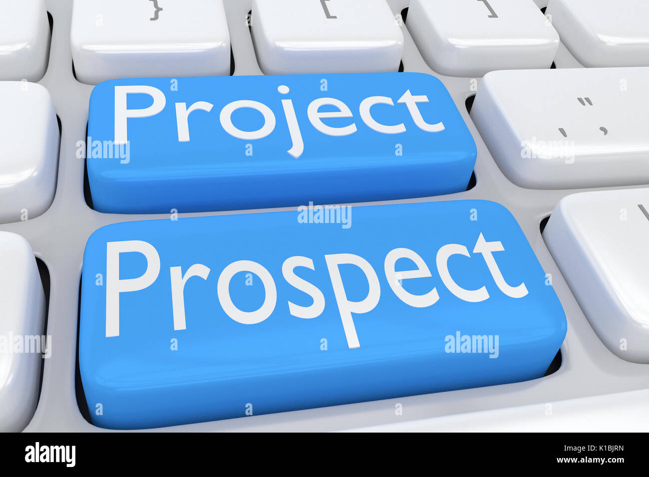 3D illustration of computer keyboard with the script "Project Prospect" on two adjacent pale ...