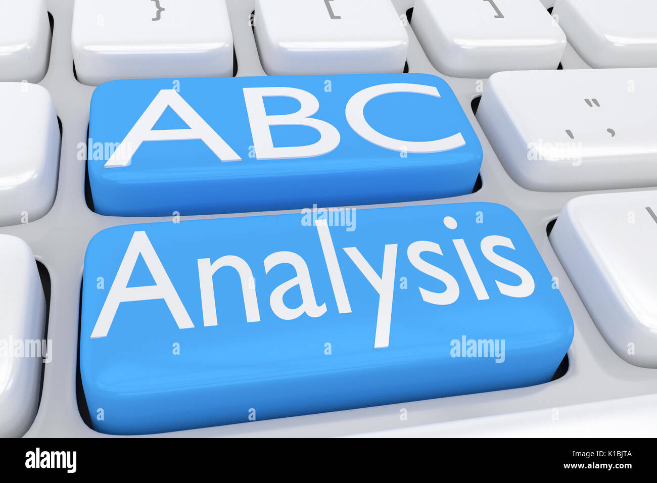 3D illustration of computer keyboard with the script "ABC Analysis" on two adjacent pale blue ...