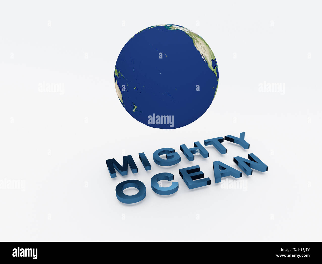 3D illustration of MIGHTY OCEAN script , under a 3D model of the world ...