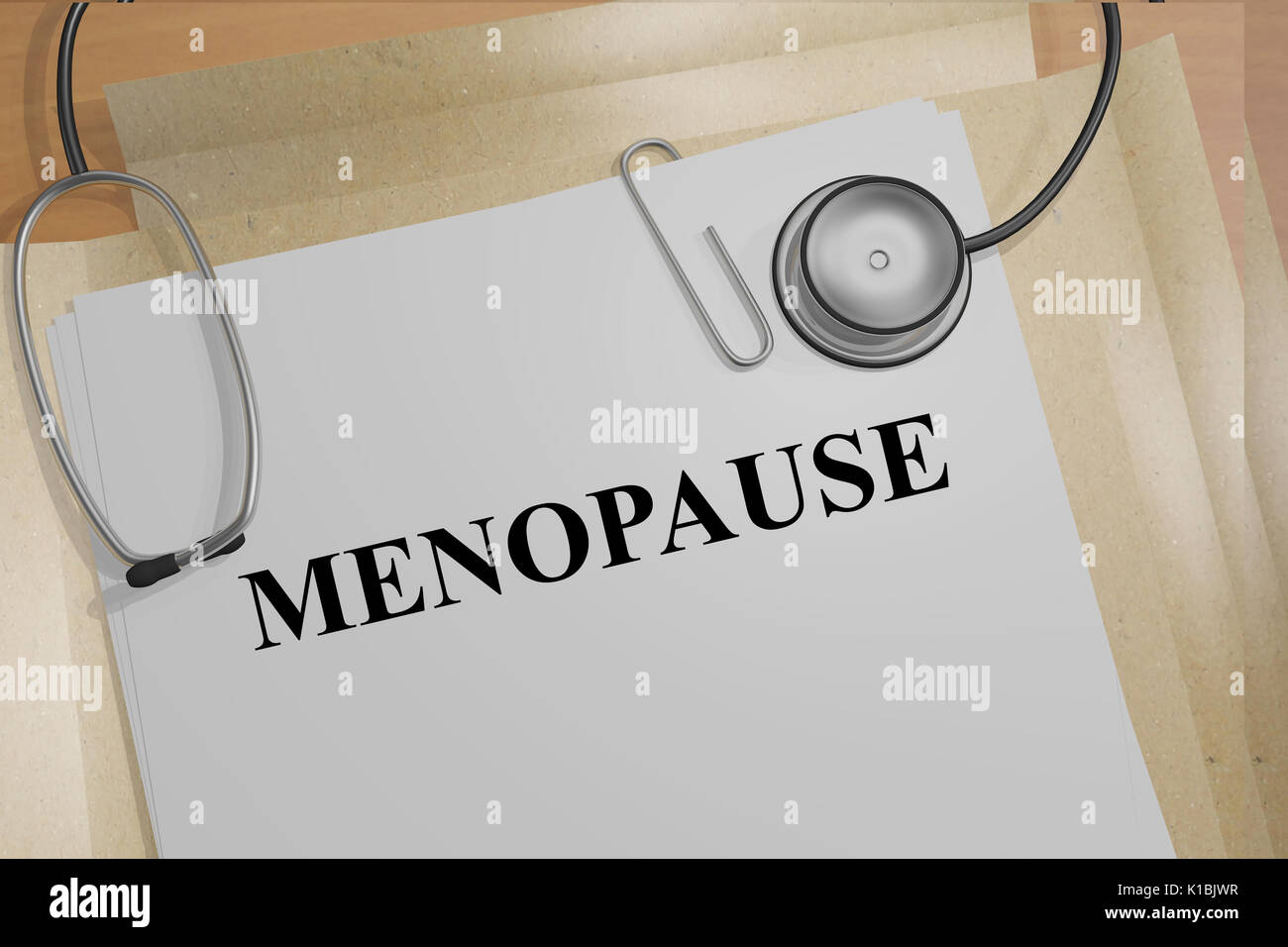 3D illustration of MENOPAUSE title on medical documents. Medicial ...