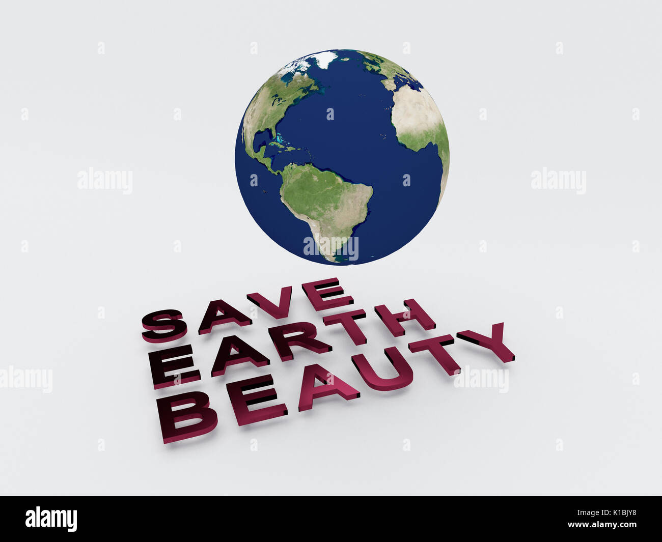 3D illustration of SAVE EARTH BEAUTY script , under a 3D model of the ...