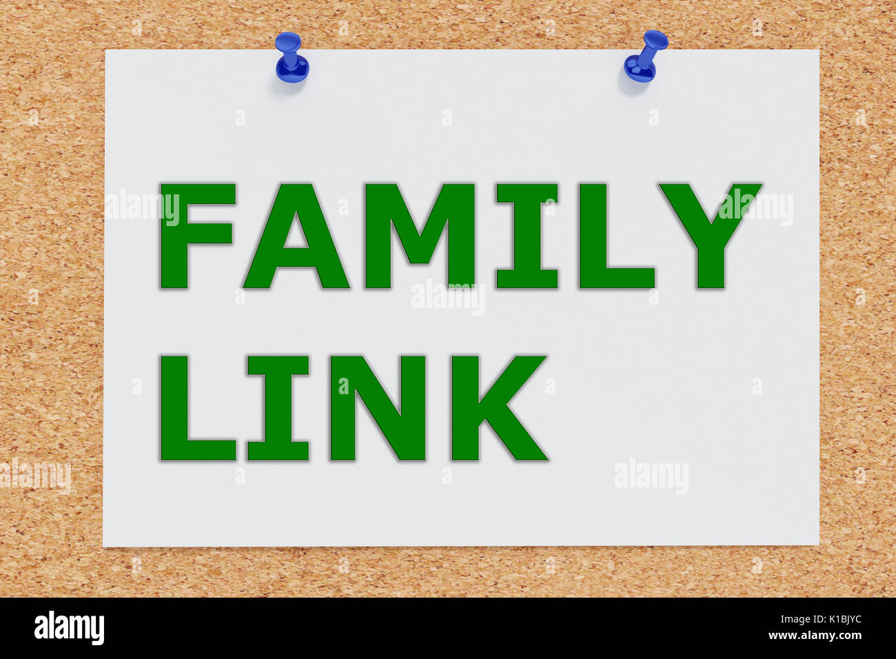 3D illustration of FAMILY LINK script on cork board. Human family ...