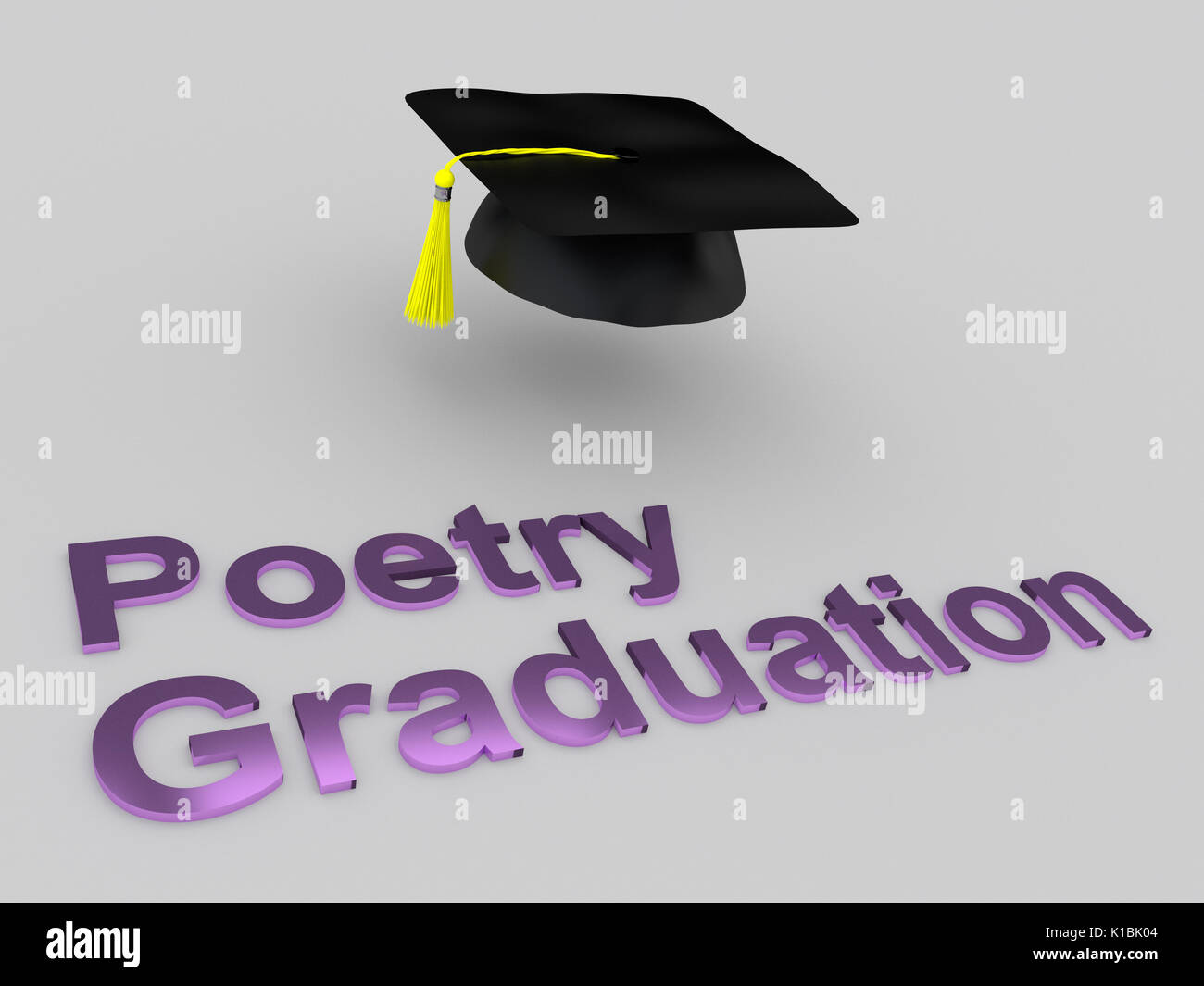 3D illustration of "Poetry Graduation" script under a graduation hat ...