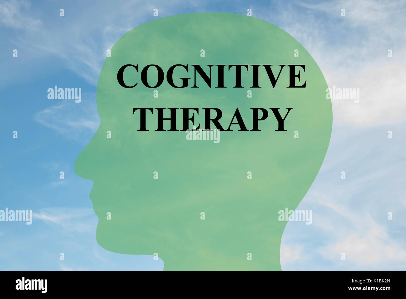 Render illustration of COGNITIVE THERAPY script on head silhouette ...