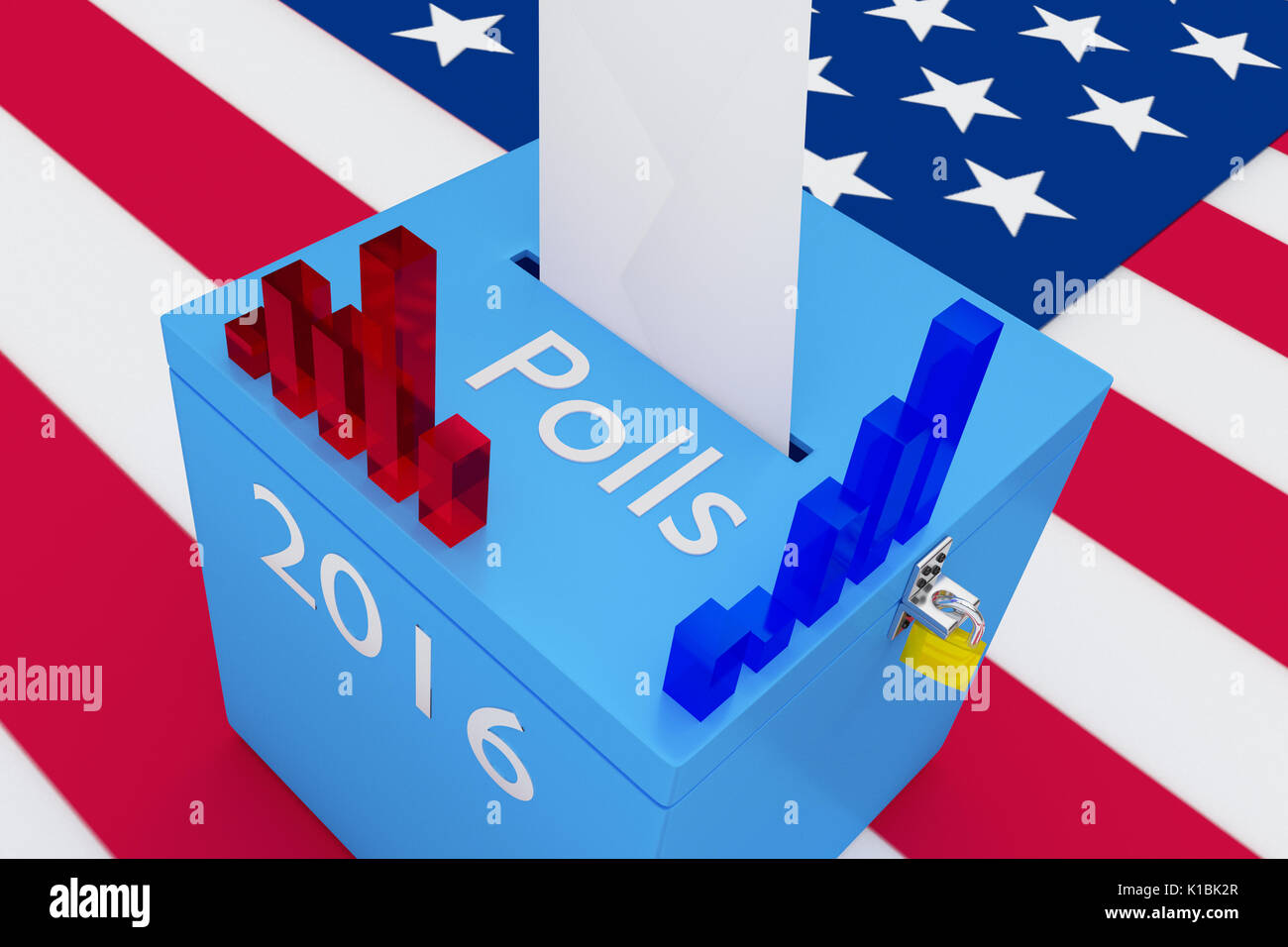 3D illustration of Polls, 2016 scripts and 3d graph columns on ballot ...
