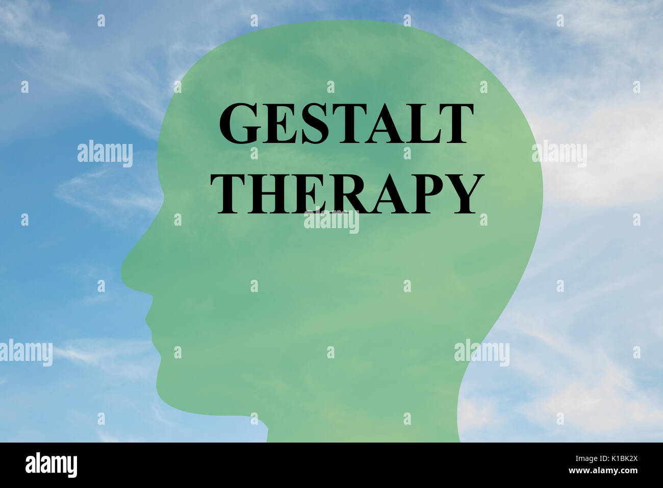 Render illustration of GESTALT THERAPY script on head silhouette, with ...