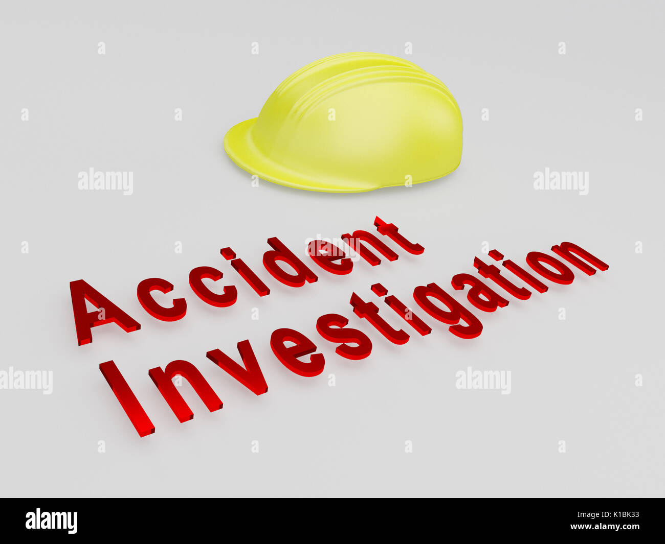 3D illustration of "Accident Investigation" title under a safety helmet ...