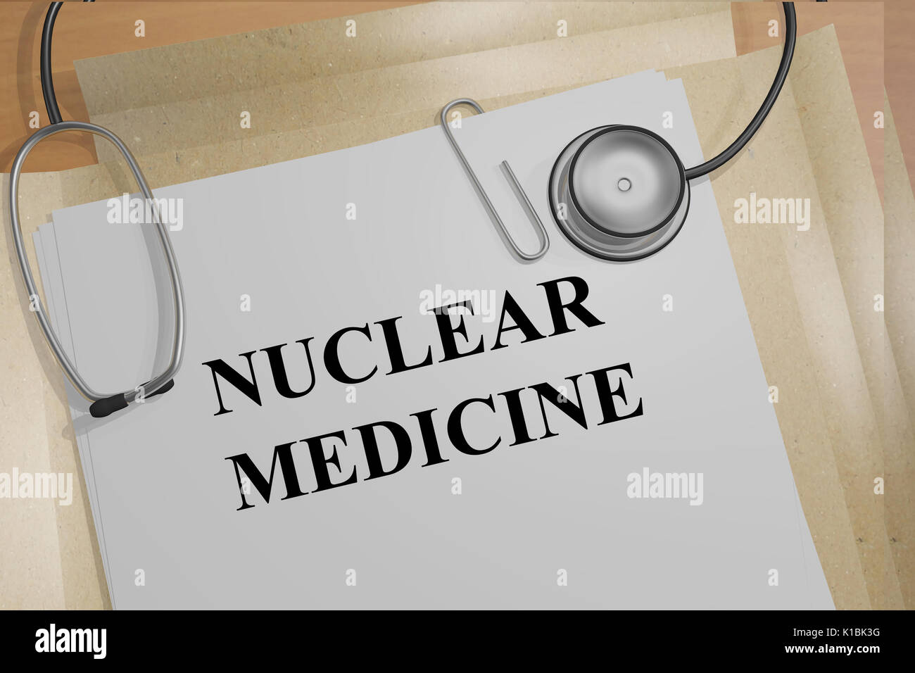3D illustration of NUCLEAR MEDICINE title on medical documents ...