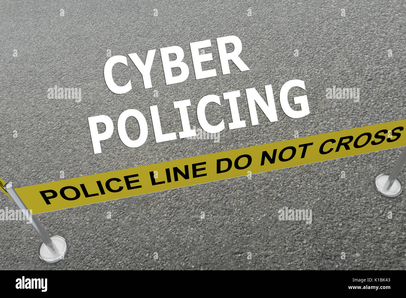 3D illustration of CYBER POLICING title on the ground in a police arena ...