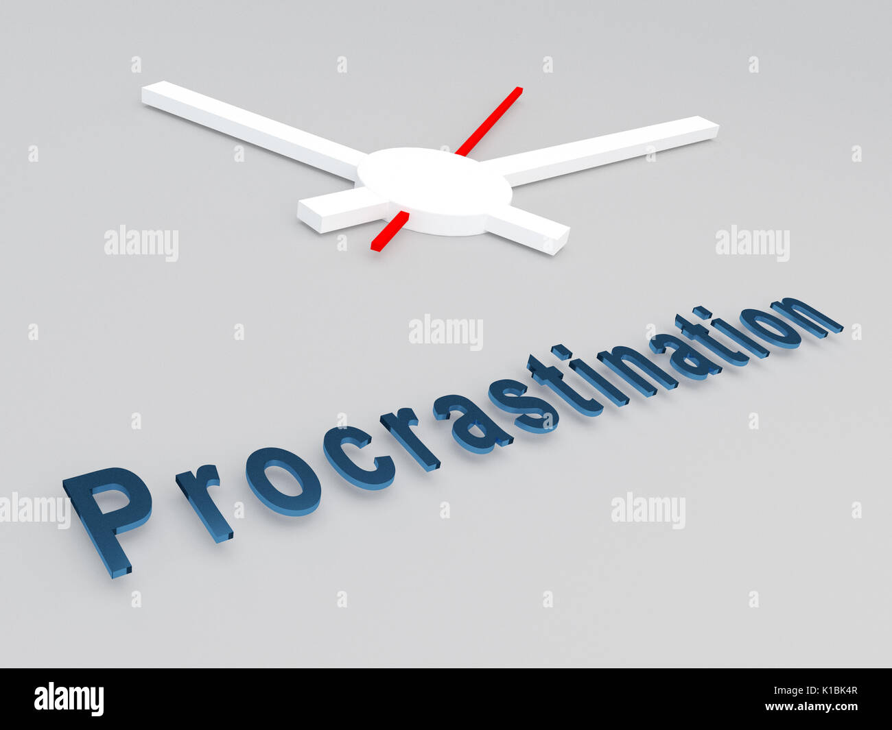 3D illustration of Procrastination 3D title with a clock as a ...