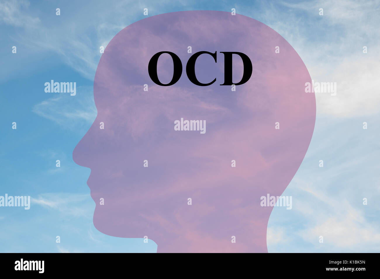 Render illustration of OCD script on head silhouette, with cloudy sky ...