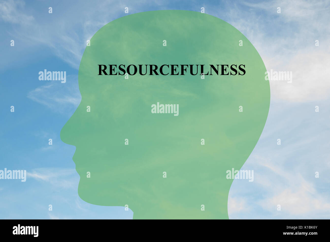 Render illustration of RESOURCEFULNESS title on head silhouette, with ...