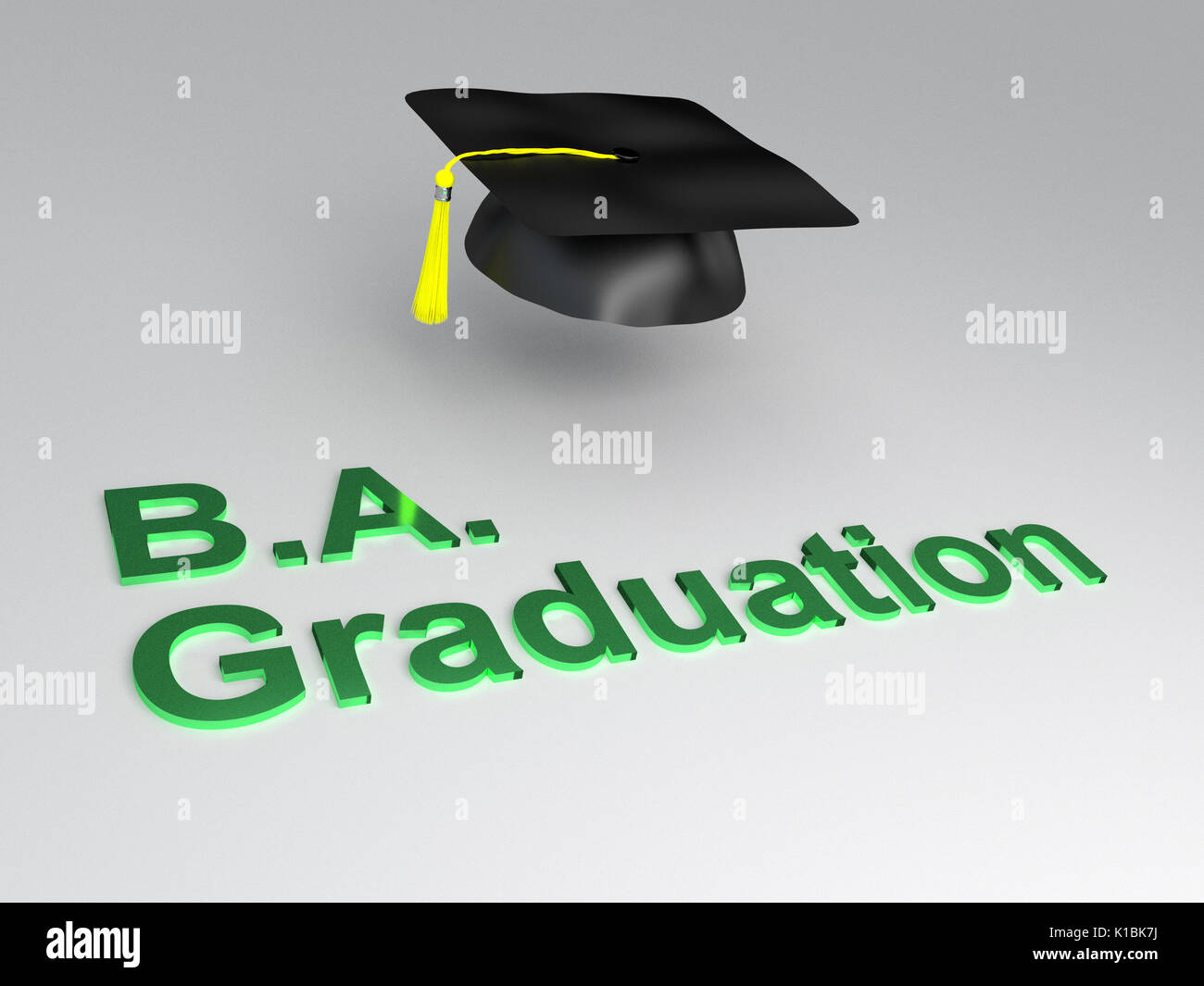 Render illustration of B.A. Graduation script under a graduation hat ...