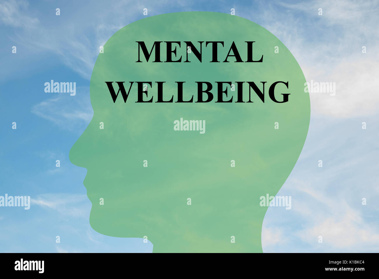 Render illustration of Mental Wellbeing title on head silhouette, with ...