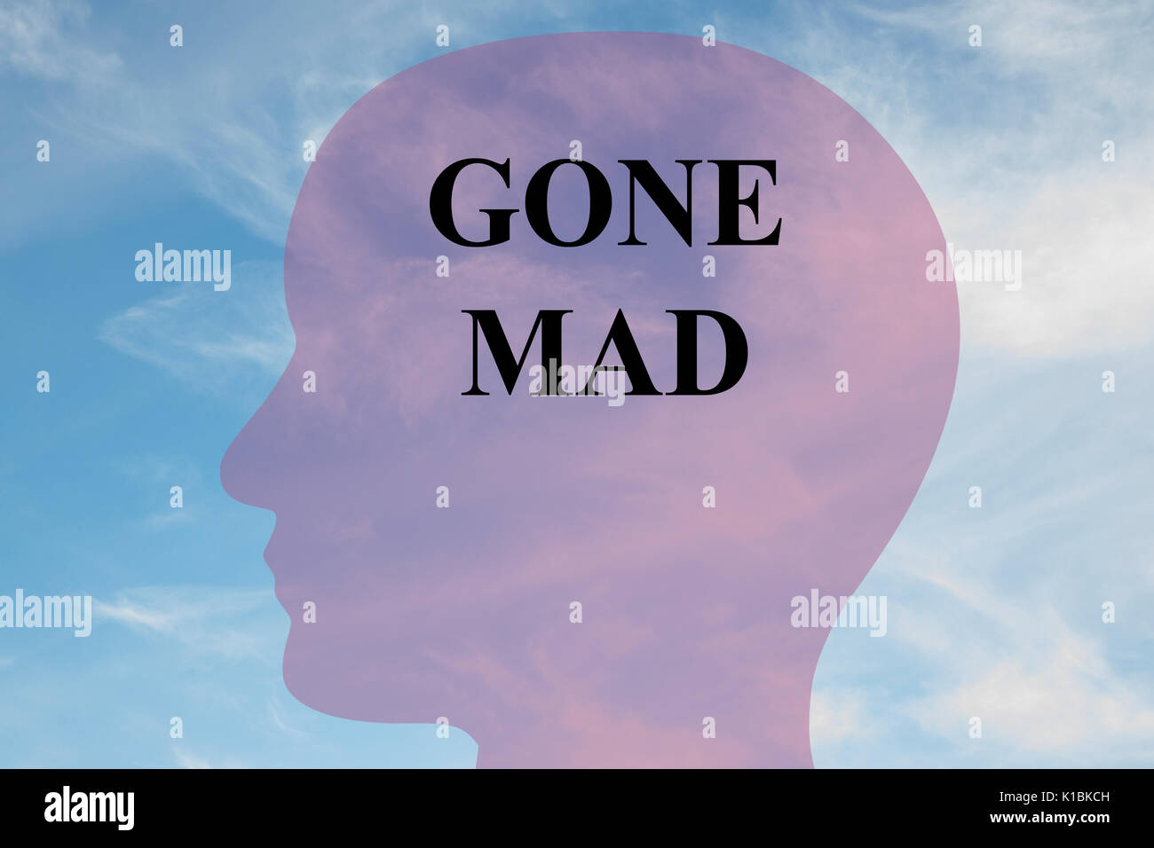 Render illustration of Gone Mad title on head silhouette, with cloudy ...