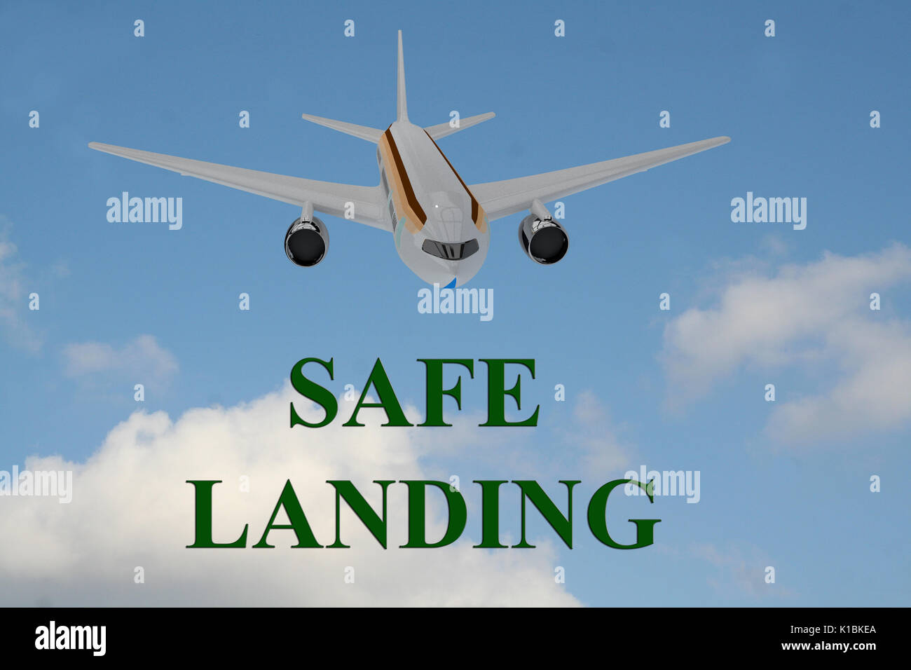 Render illustration of Safe Landing title on cloudy sky as a background ...