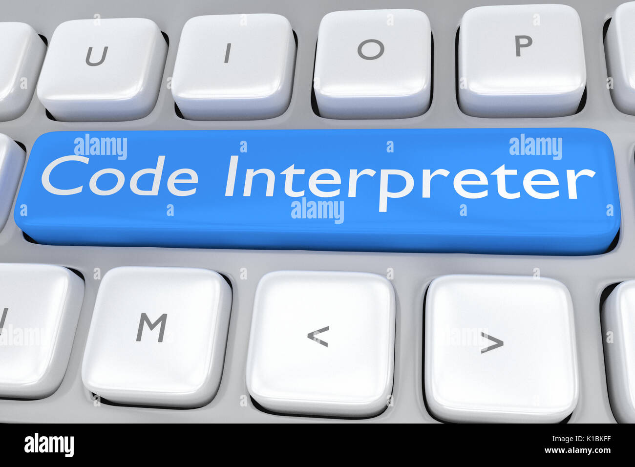 Render Illustration Of Computer Keyboard With The Script Code Interpreter On Pale Blue Button
