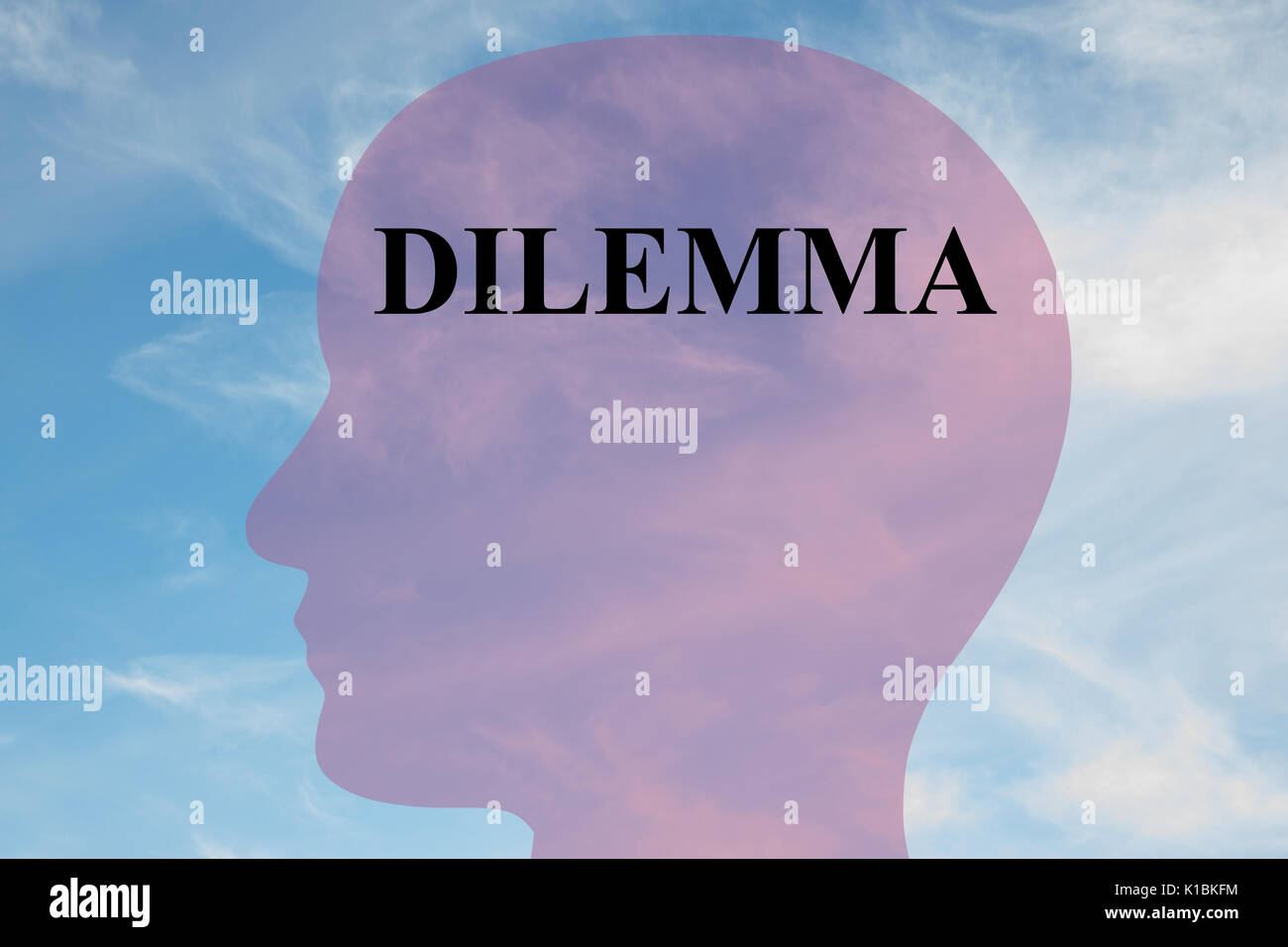 Render illustration of Dilemma title on head silhouette, with cloudy ...