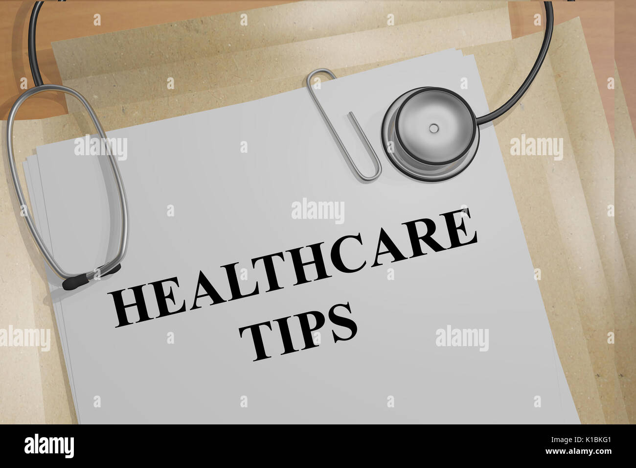 Render illustration of Healthcare Tips title on medical documents Stock ...