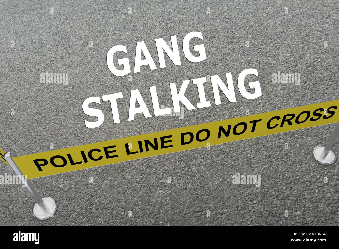 Render illustration of Gang Stalking title on the ground in a police ...