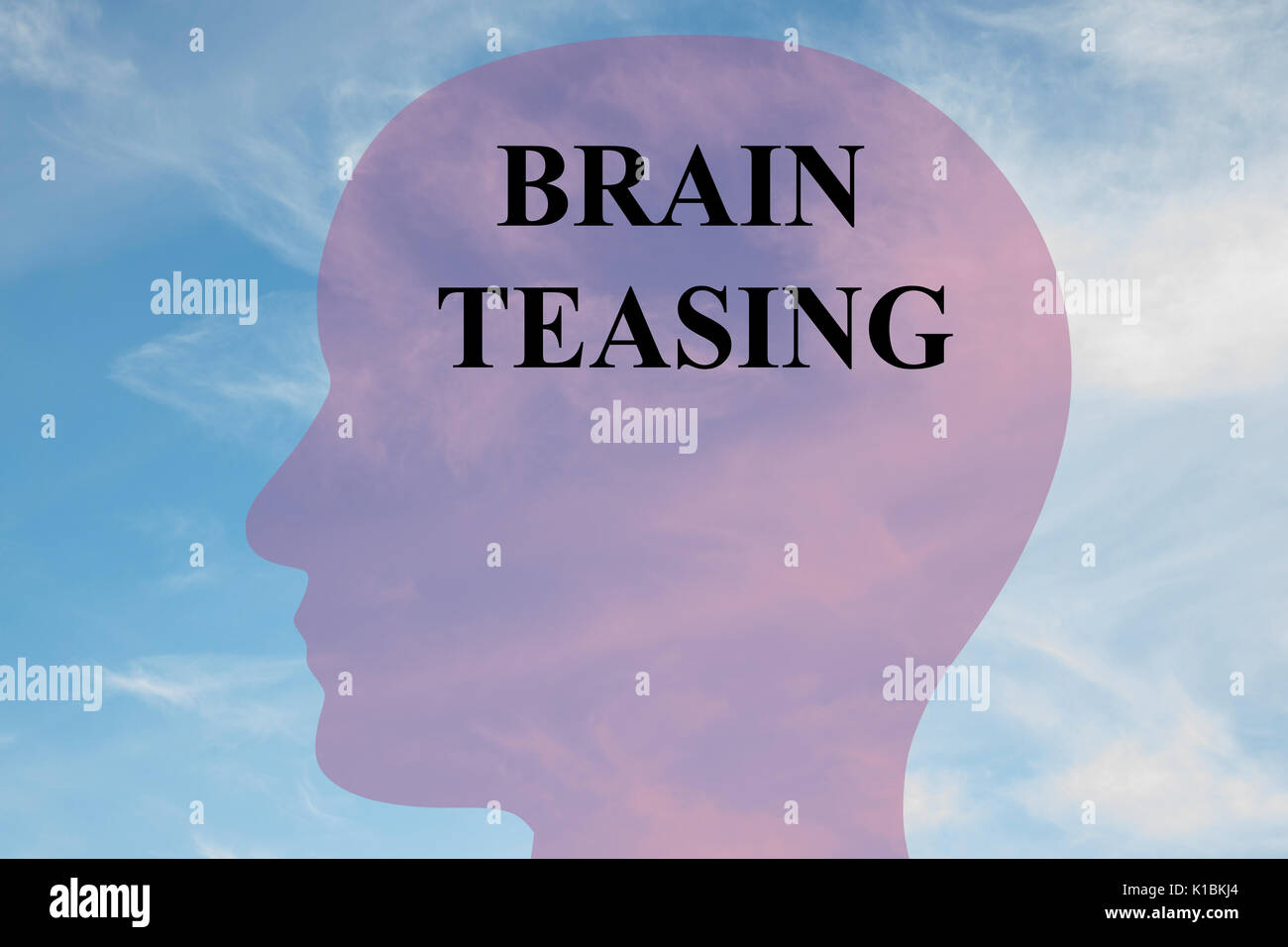 Render illustration of Brain Teasing title on head silhouette, with ...