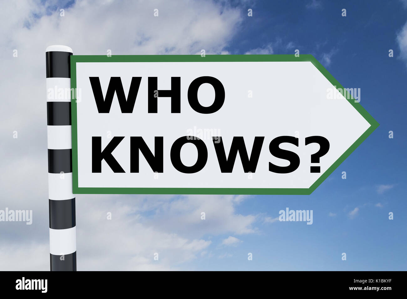 Render illustration of Who Knows? title on road sign Stock Photo - Alamy