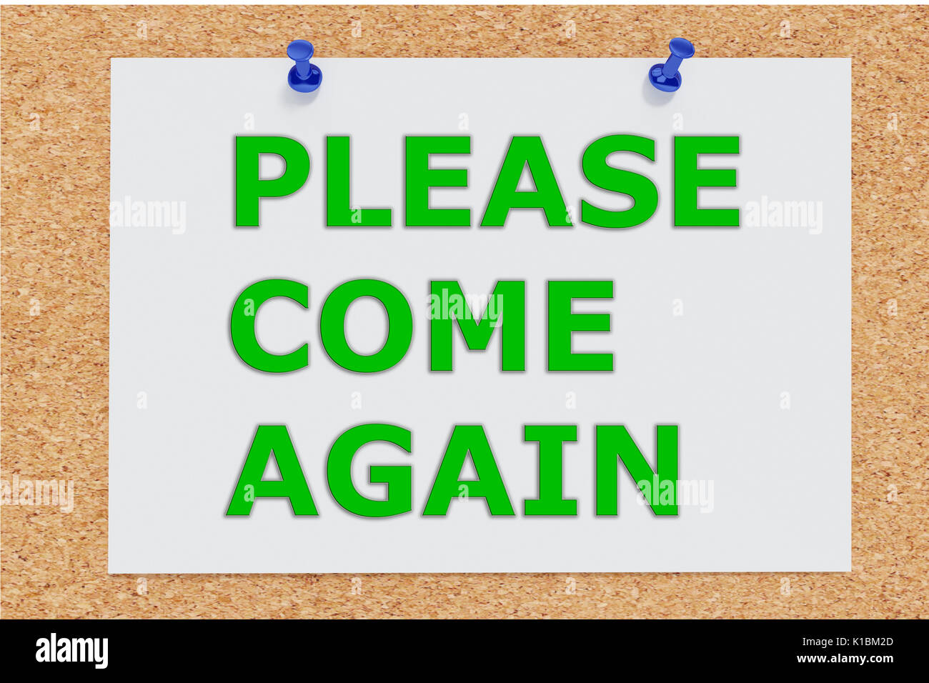 Render illustration of Please Come Again script on cork board Stock ...