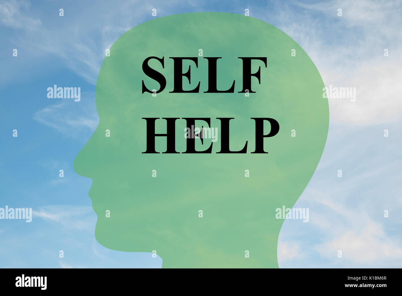 Render illustration of Self Help title on head silhouette, with cloudy ...