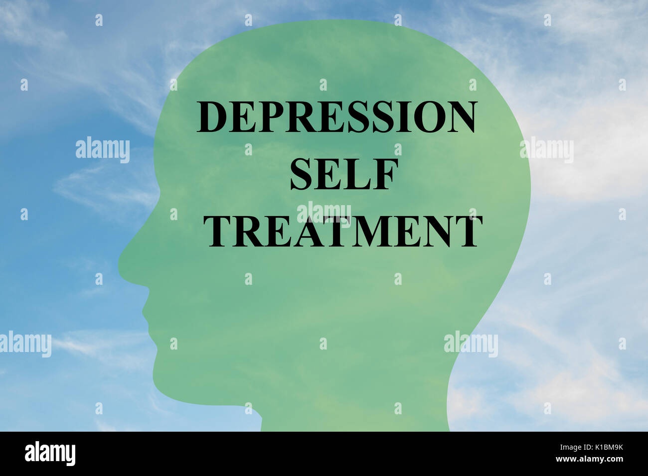 Render illustration of Depression Self Treatment title on head ...
