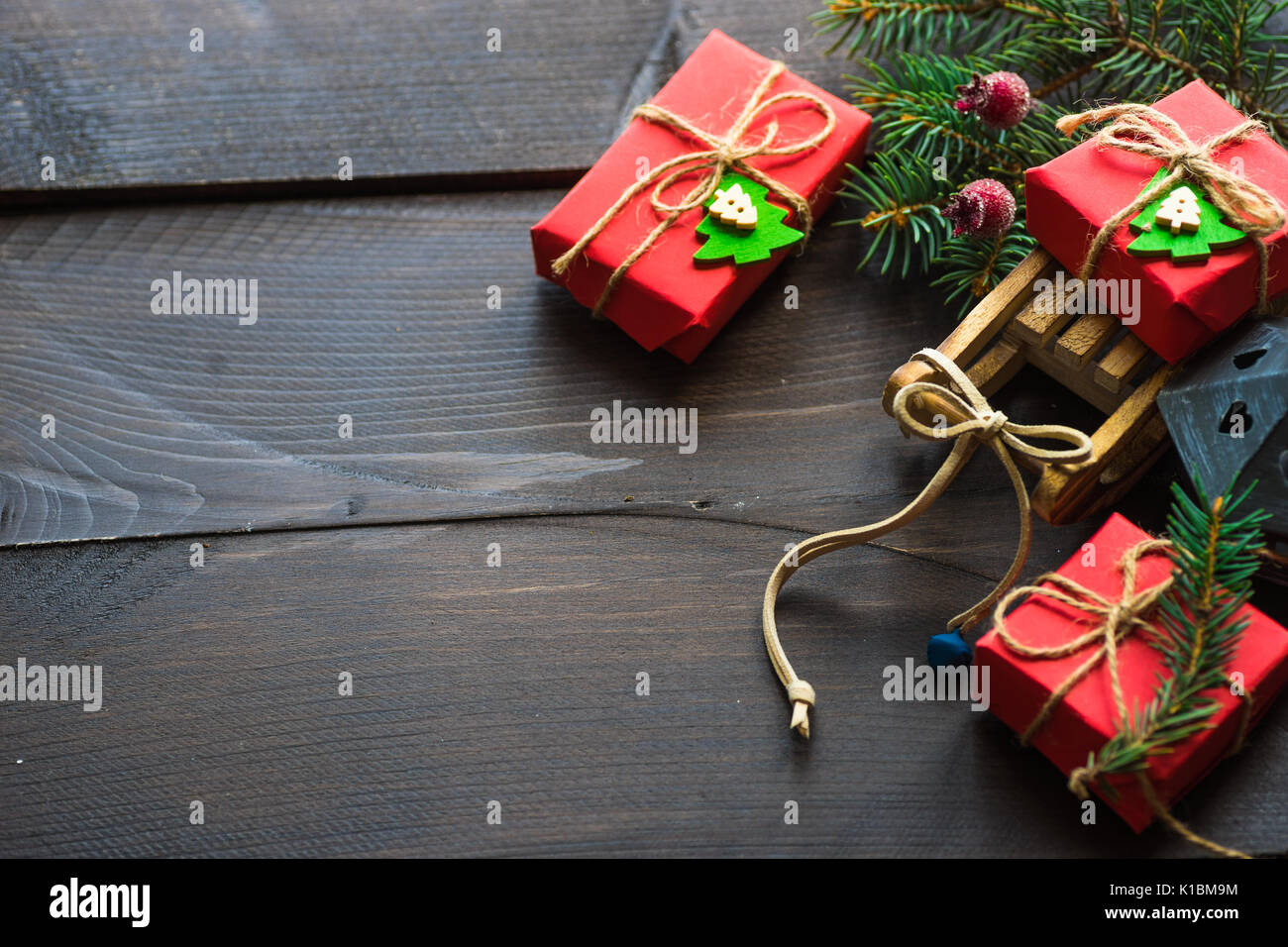 Festive Christmas themed frame with gift box and decorations Stock ...